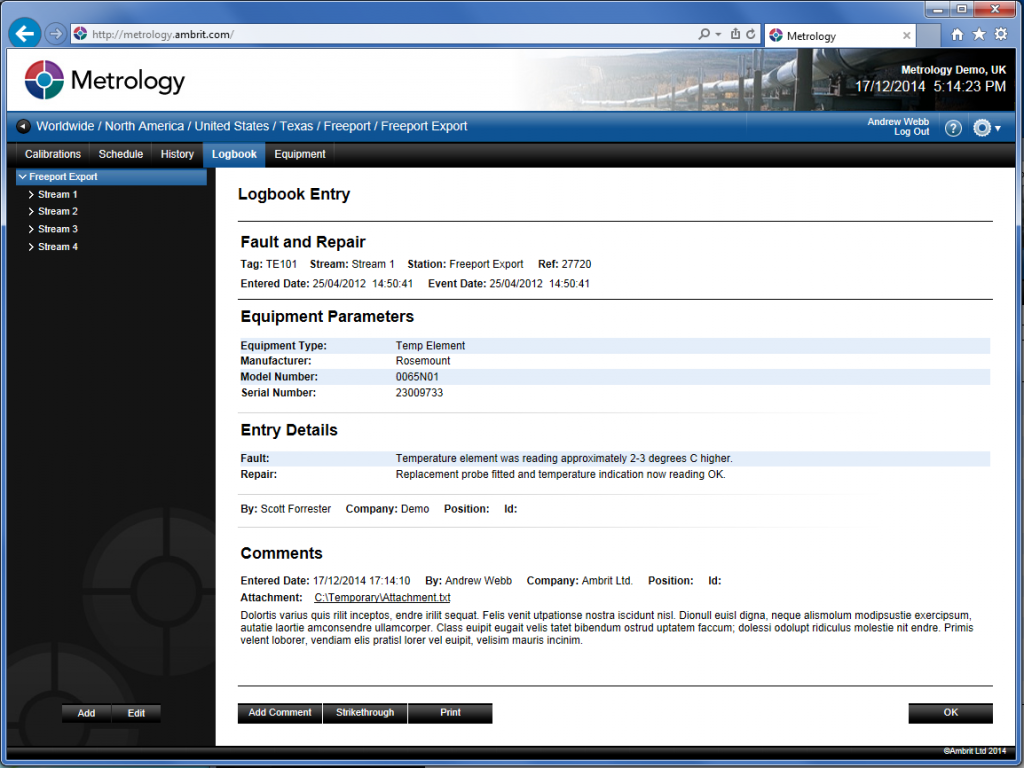 Making a Comment for a Logbook Entry | Metrology Manual